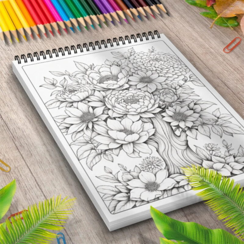 Carte de colorat - Copaci cu flori - Colorit