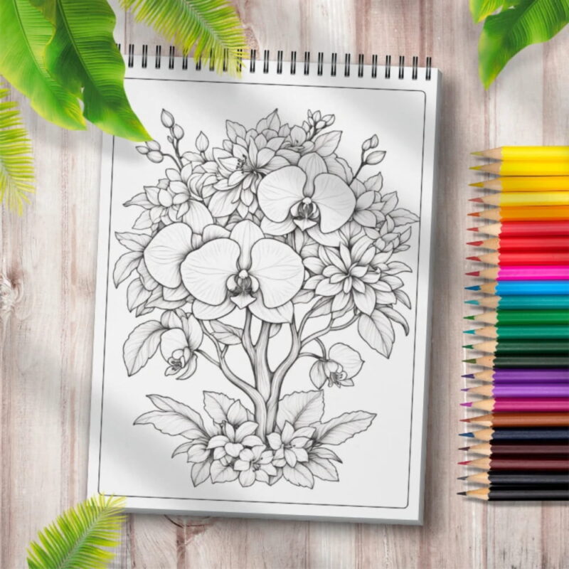 Carte de colorat - Copaci cu flori - Colorit