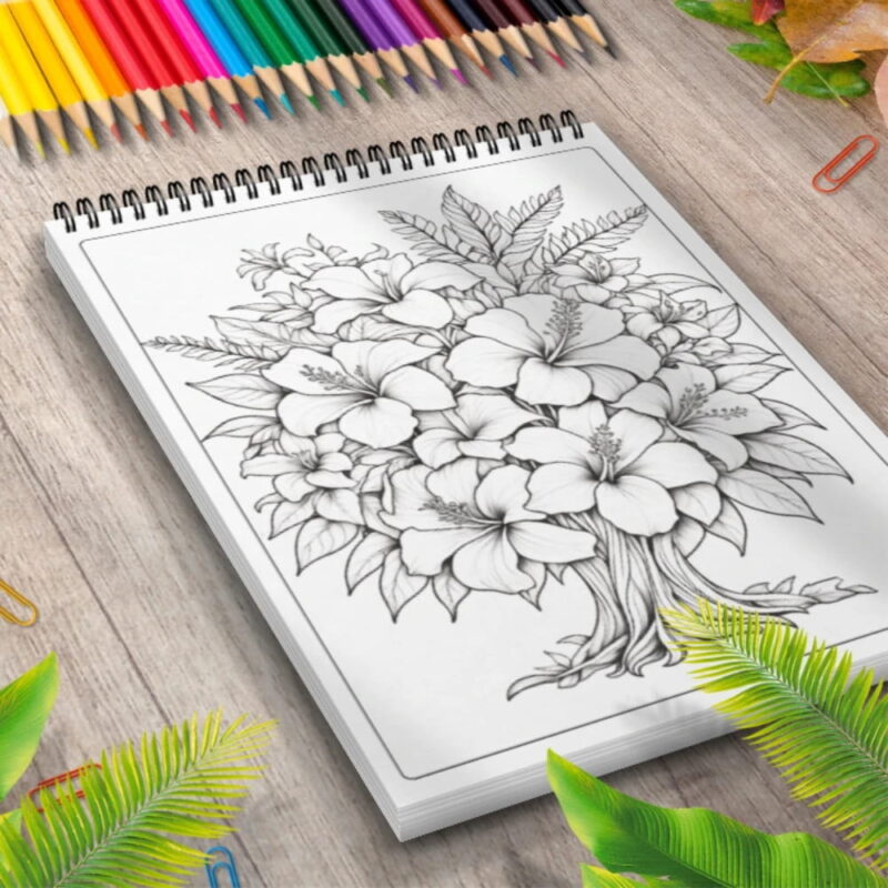 Carte de colorat - Copaci cu flori - Colorit