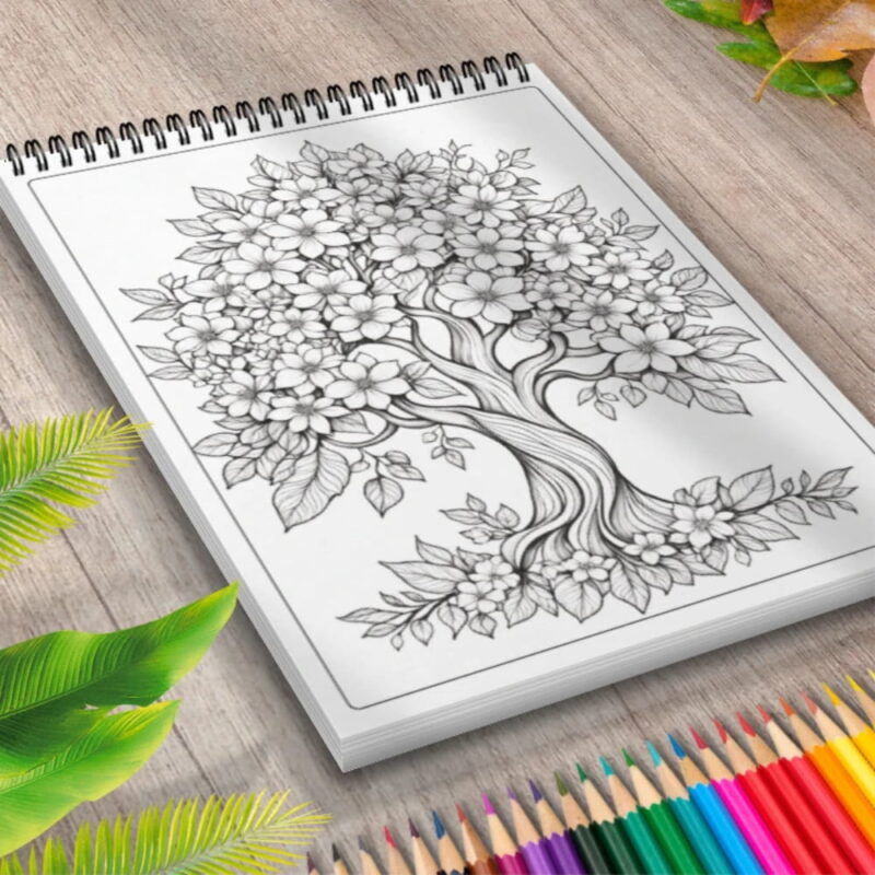 Carte de colorat - Copaci cu flori - Colorit